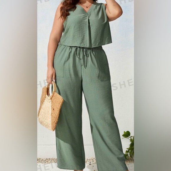 SHEIN | Pants & Jumpsuits | 2 Piece Set Green Shein Curve Crop Tank Top ...